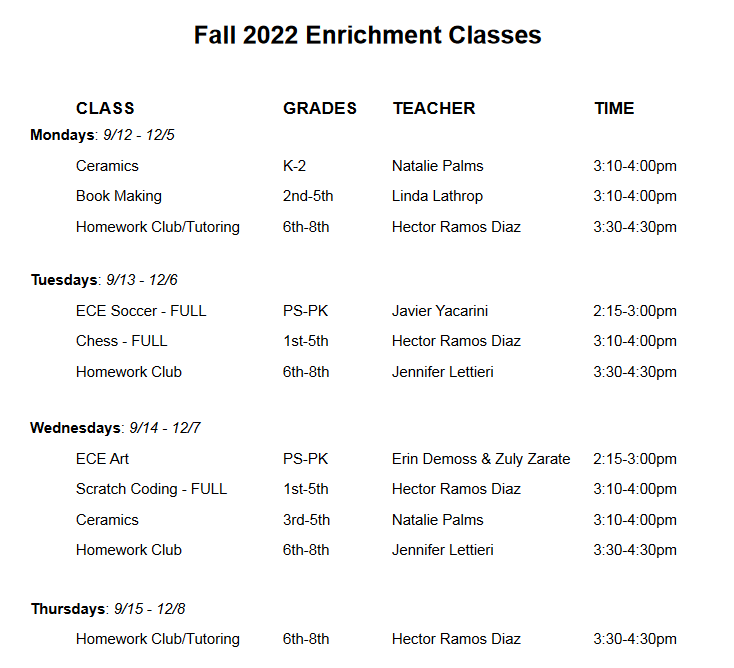 Fall Enrichment Classes – FRIDAY BLOG